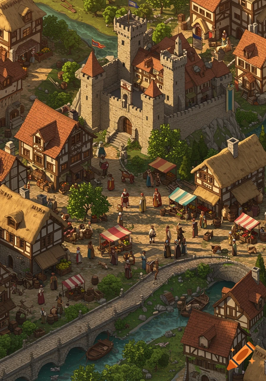 An isometric detailed illustration of a bustling medieval city with a ...