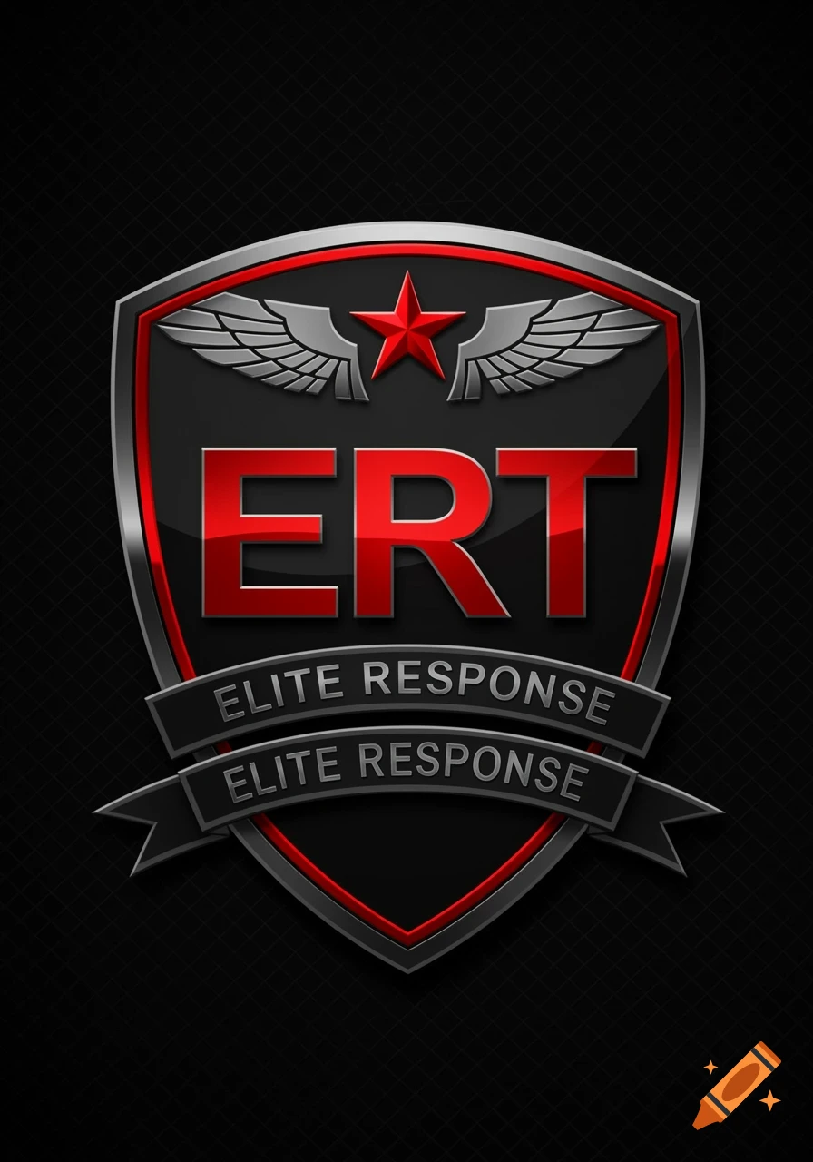 Black and red police badge logo with silver wings, a red star, "ERT ...