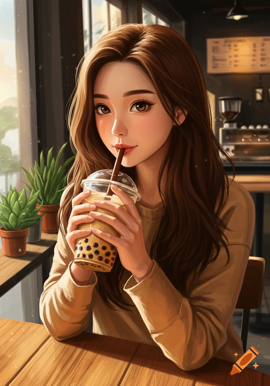 Anime drawing of a girl with brown hair in a cafe, drinking boba tea ...