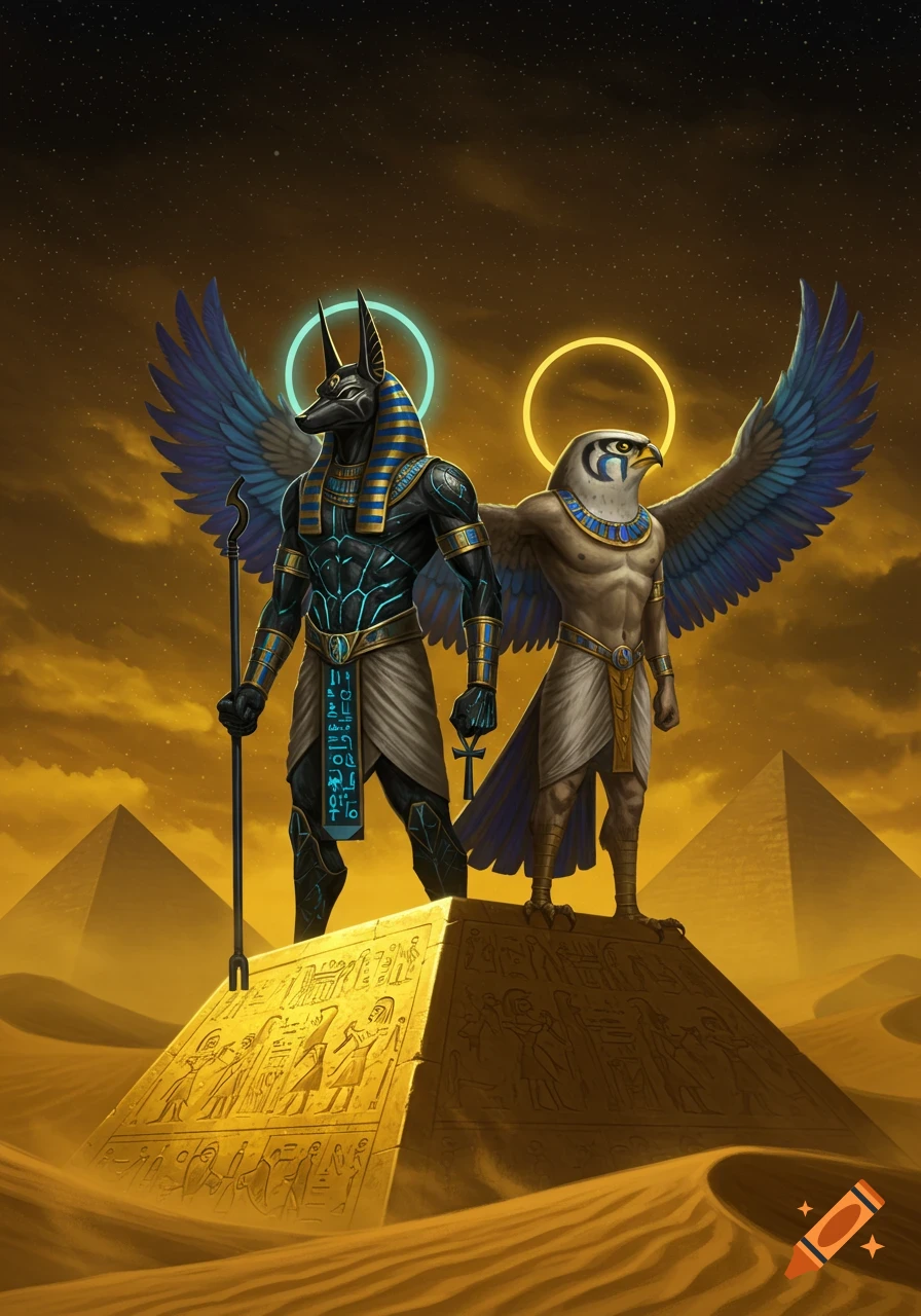 Stylized golden and teal Ankh symbol in an Art Deco style, glowing ...