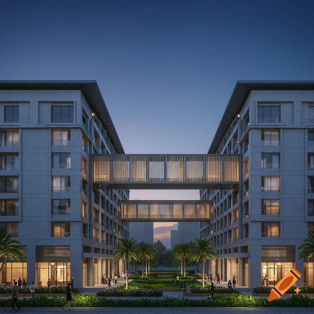 Photorealistic rendering of two modern residential buildings connected ...