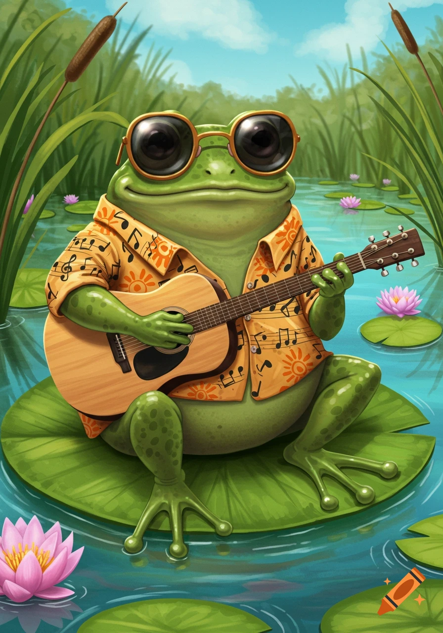 A cheerful green cartoon turtle plays a trumpet underwater, with small ...