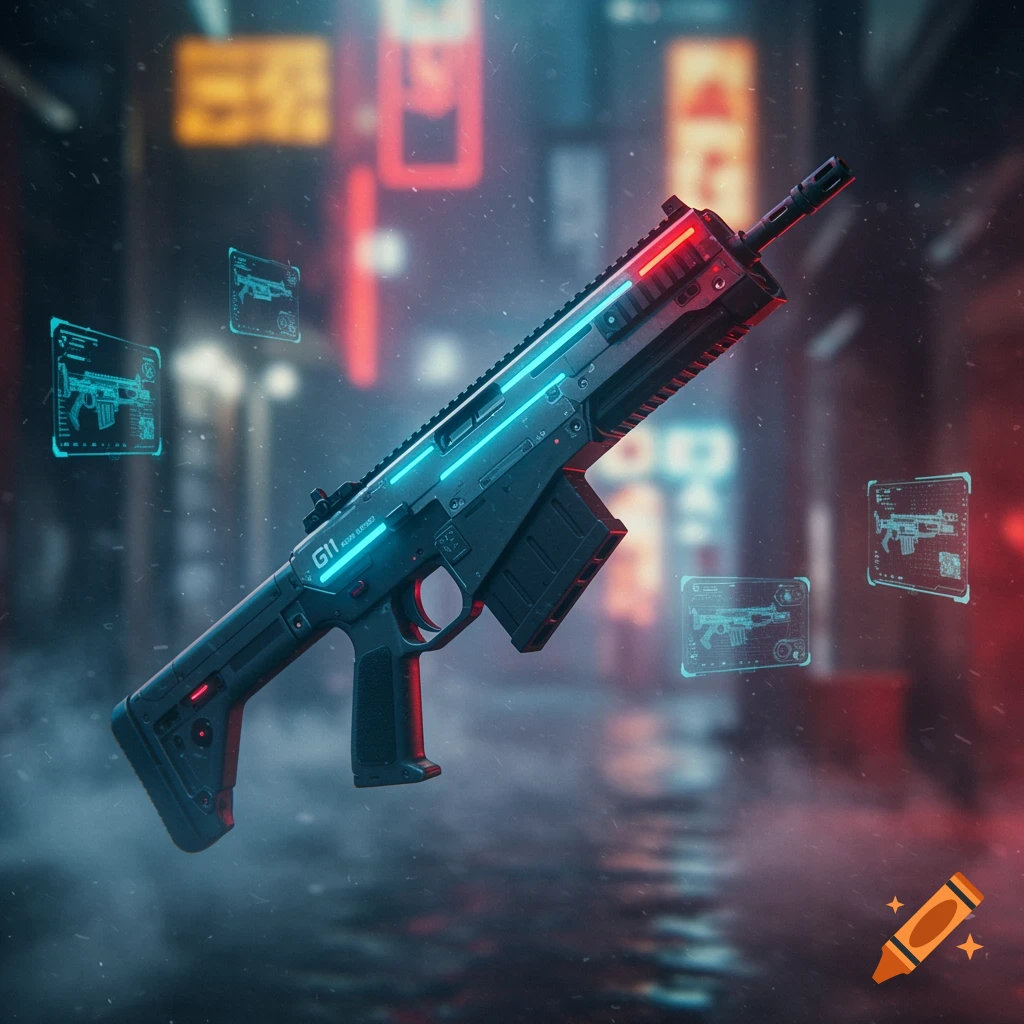 A futuristic assault rifle with neon blue and red lights floats in a ...