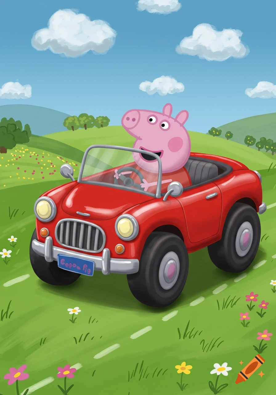 Peppa Pig drives a red convertible car through a sunny green landscape ...