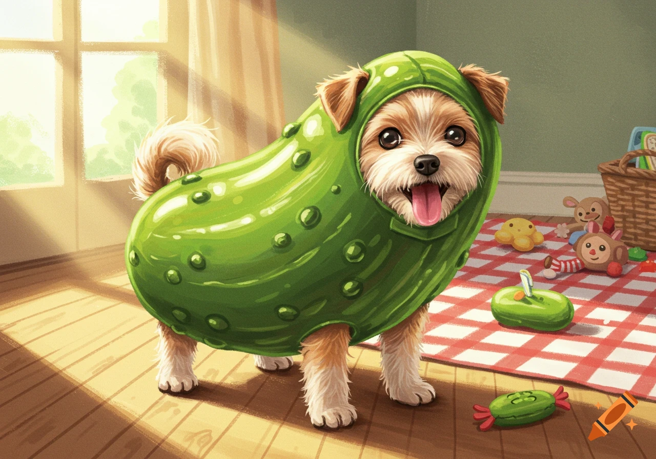 A small, fluffy dog with a happy expression stands indoors wearing a ...