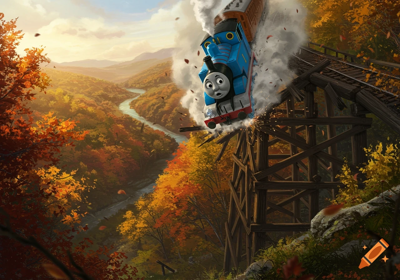 Thomas the Tank Engine plunges from a broken wooden bridge into an ...