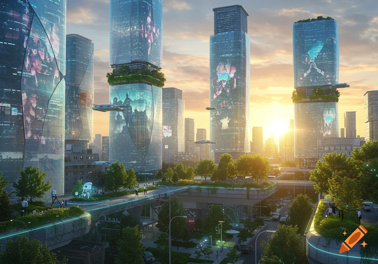 A vibrant futuristic city with multi-level green buildings, a ...