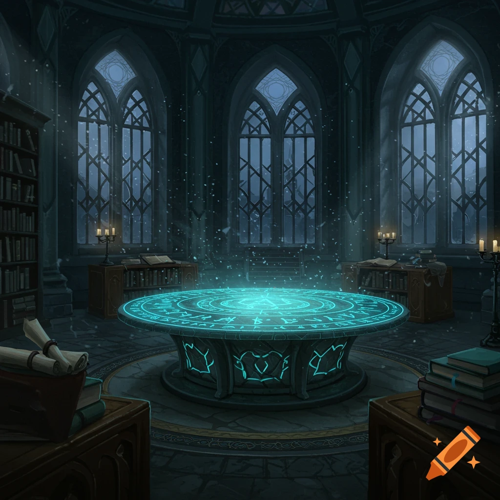 A dark, atmospheric fantasy library with tall gothic windows and a ...