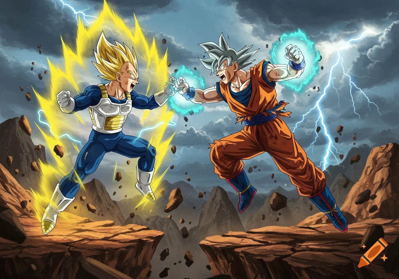 Goku and Vegeta from Dragon Ball Z clash with energy blasts in a ...