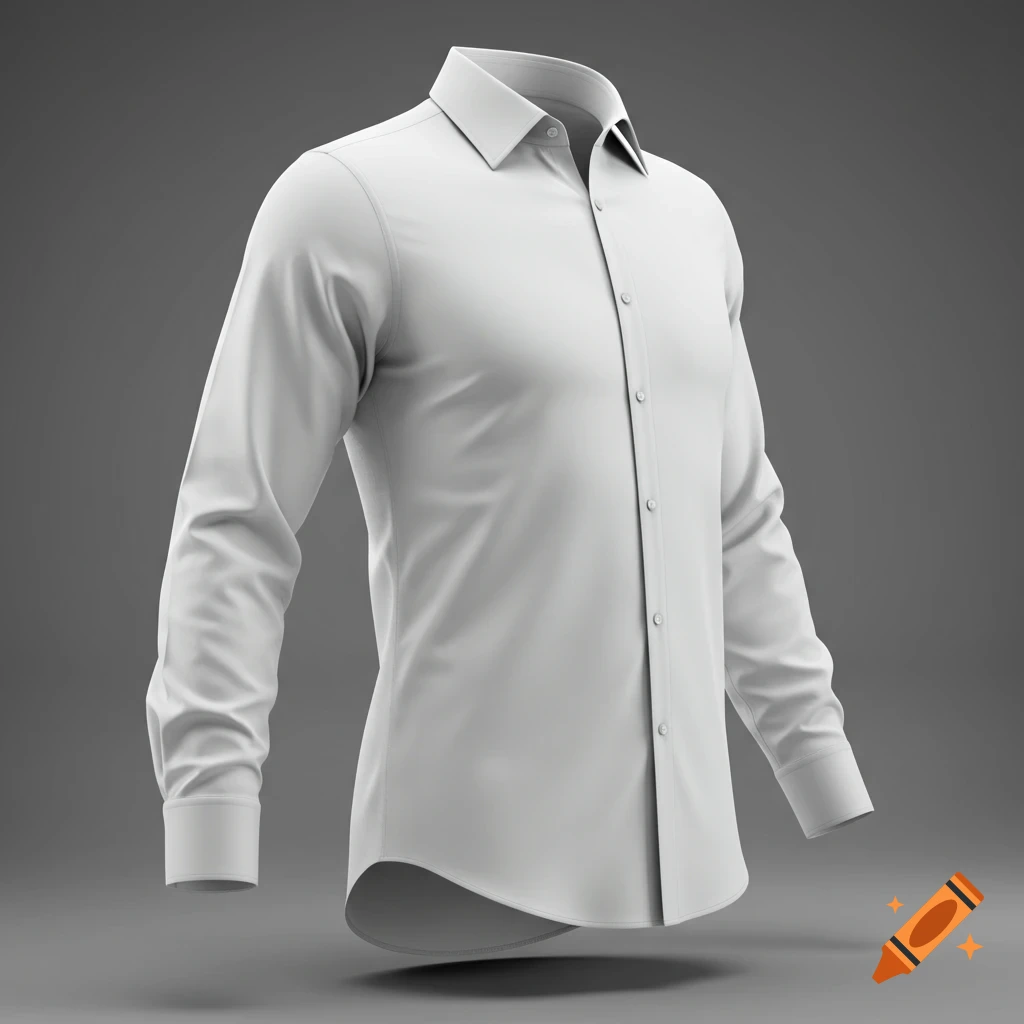 A white long-sleeved collared shirt on a dark gray background, turned ...