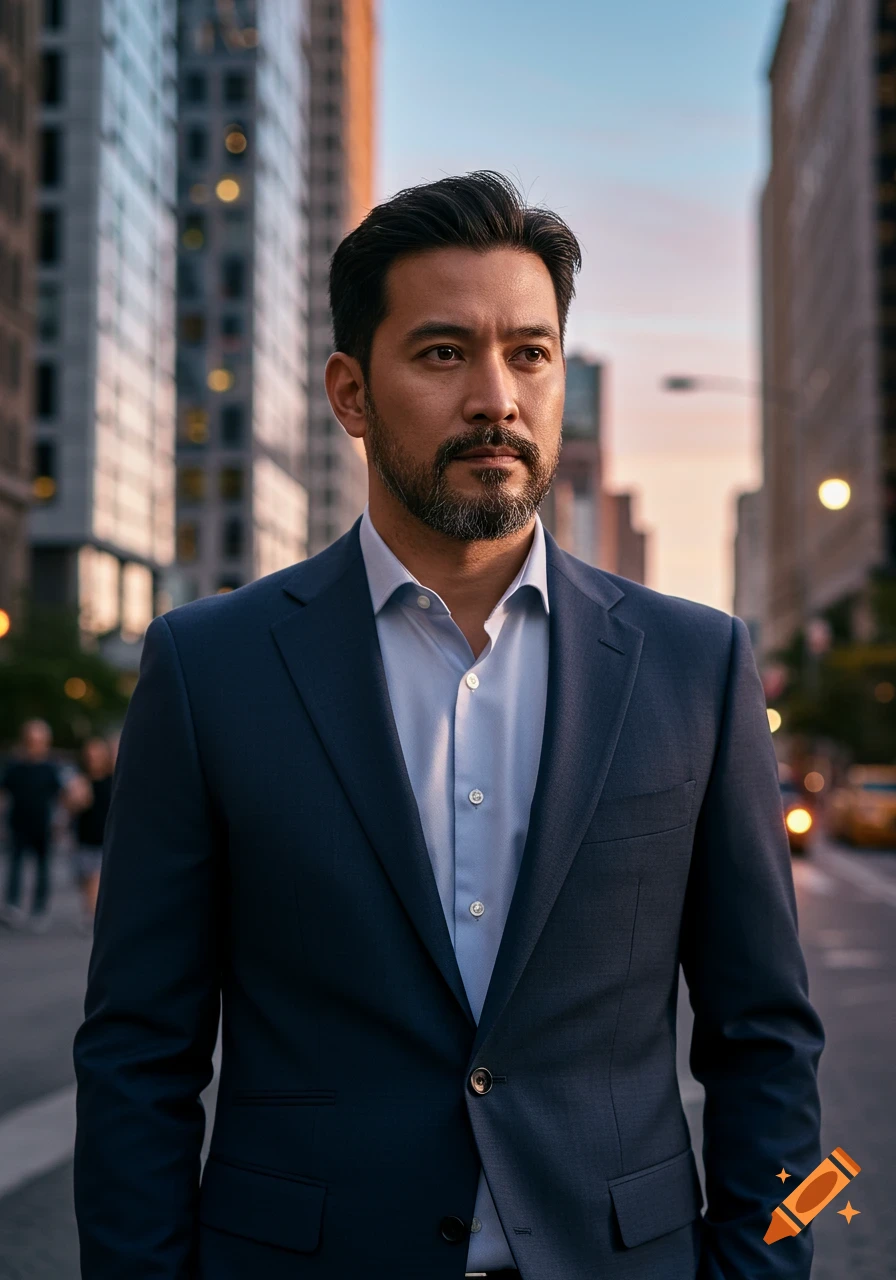 A photorealistic portrait of a well-dressed man with a beard and dark ...