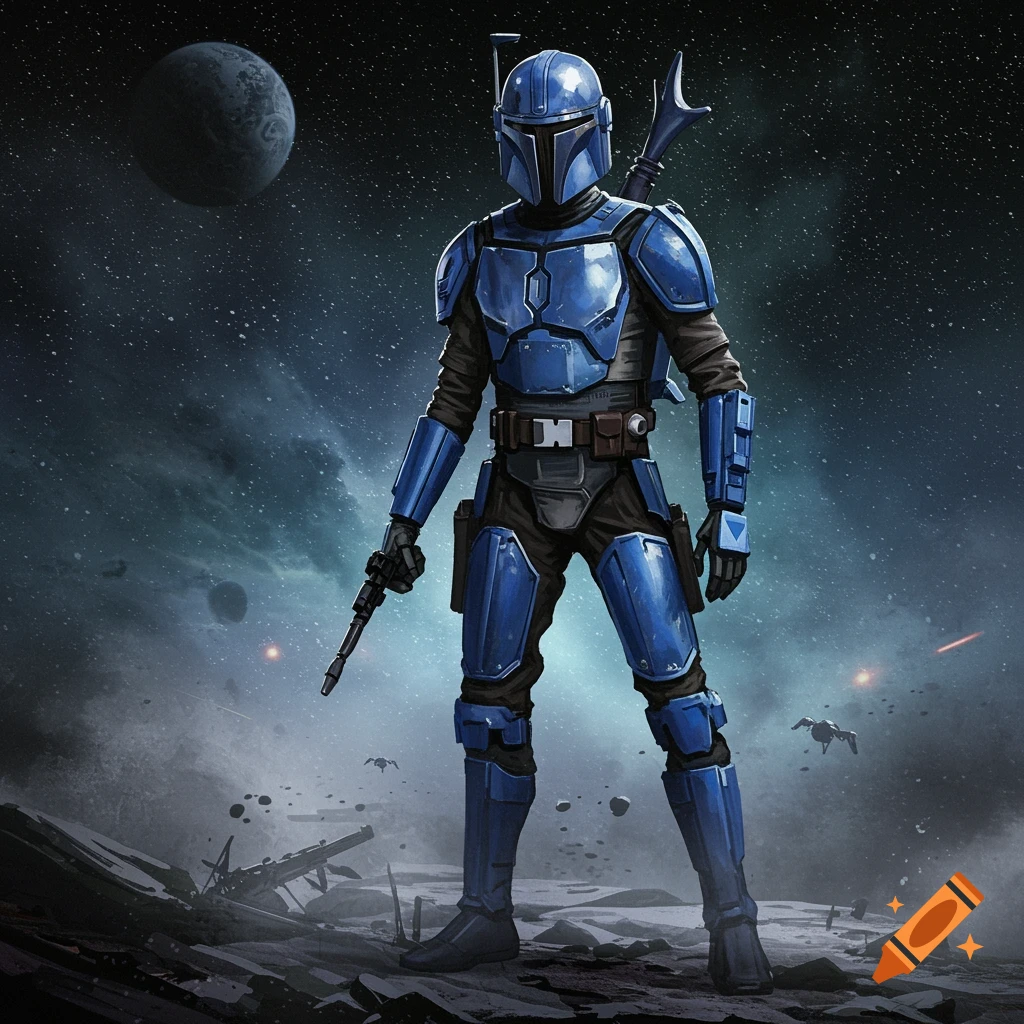 A knight in futuristic armor gestures to R2-D2 in a sci-fi setting ...