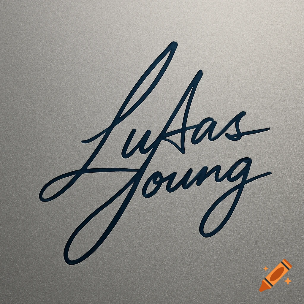 A dark blue script signature for 'Lukas Young' on a textured light gray ...