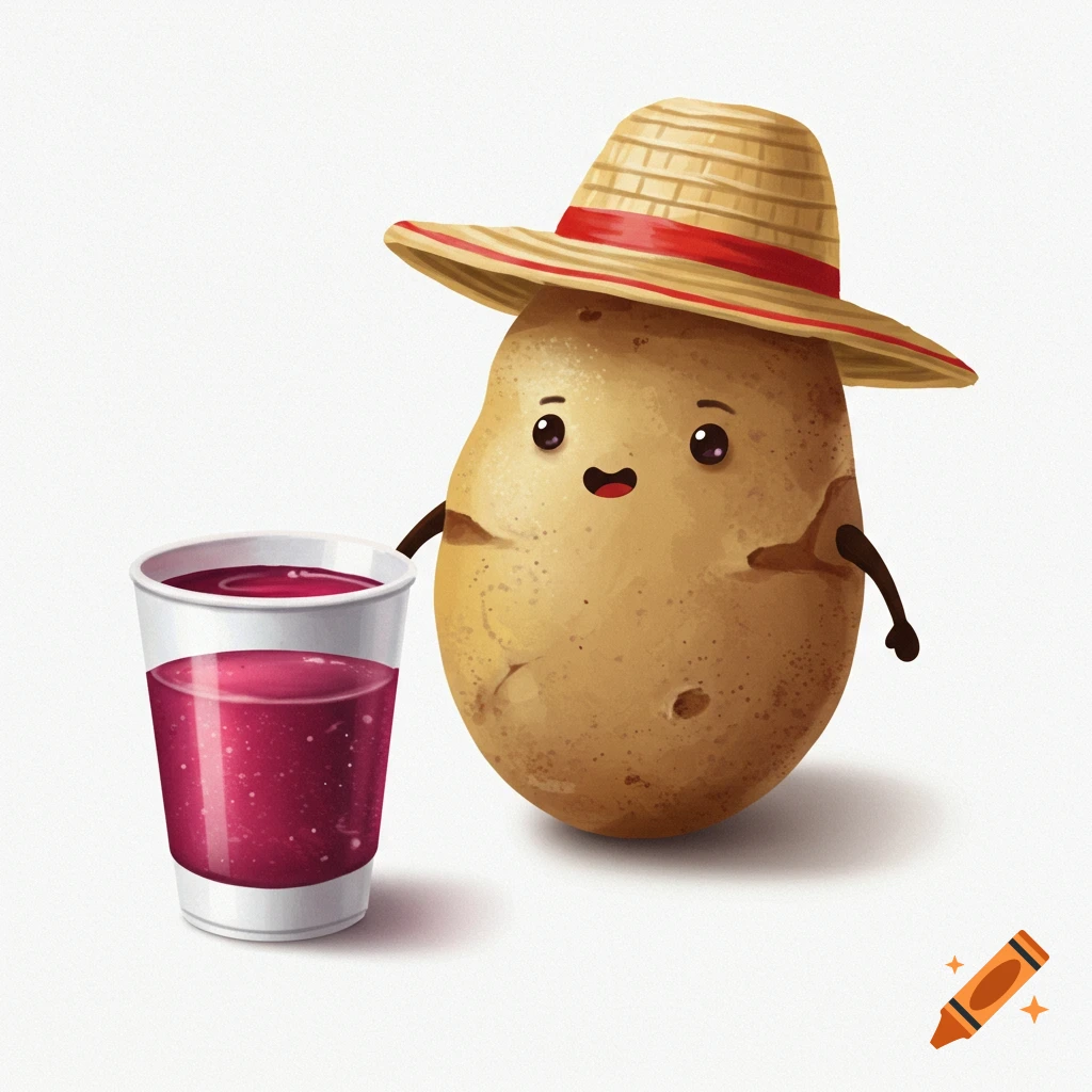 A cute cartoon potato character wearing a straw hat with a red stripe ...