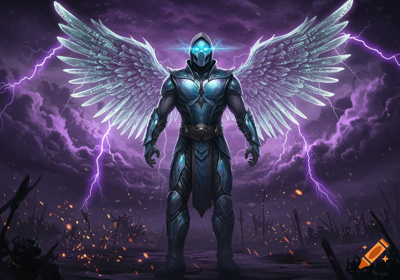 Dark humanoid figure with purple glowing eyes and electricity ...