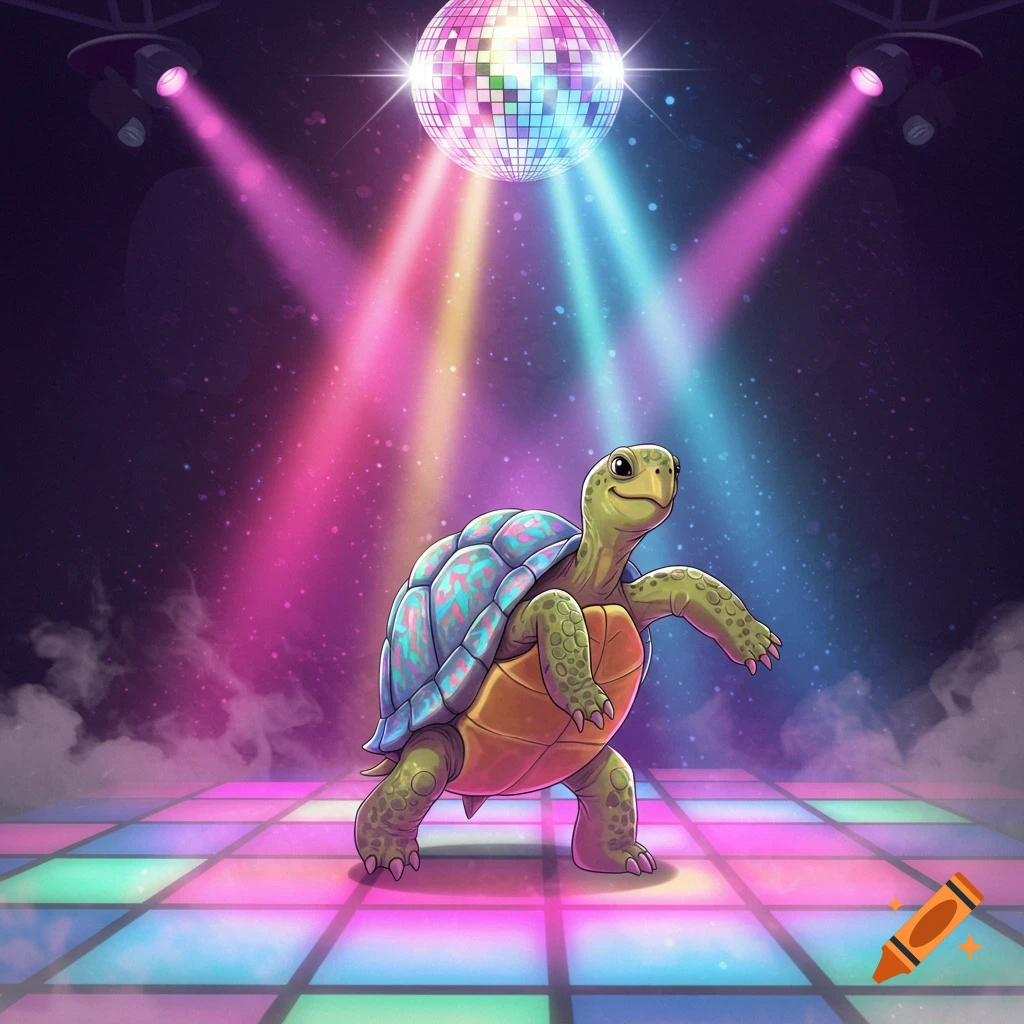 A cheerful cartoon turtle with a colorful shell dances on a glowing disco floor under a disco ...