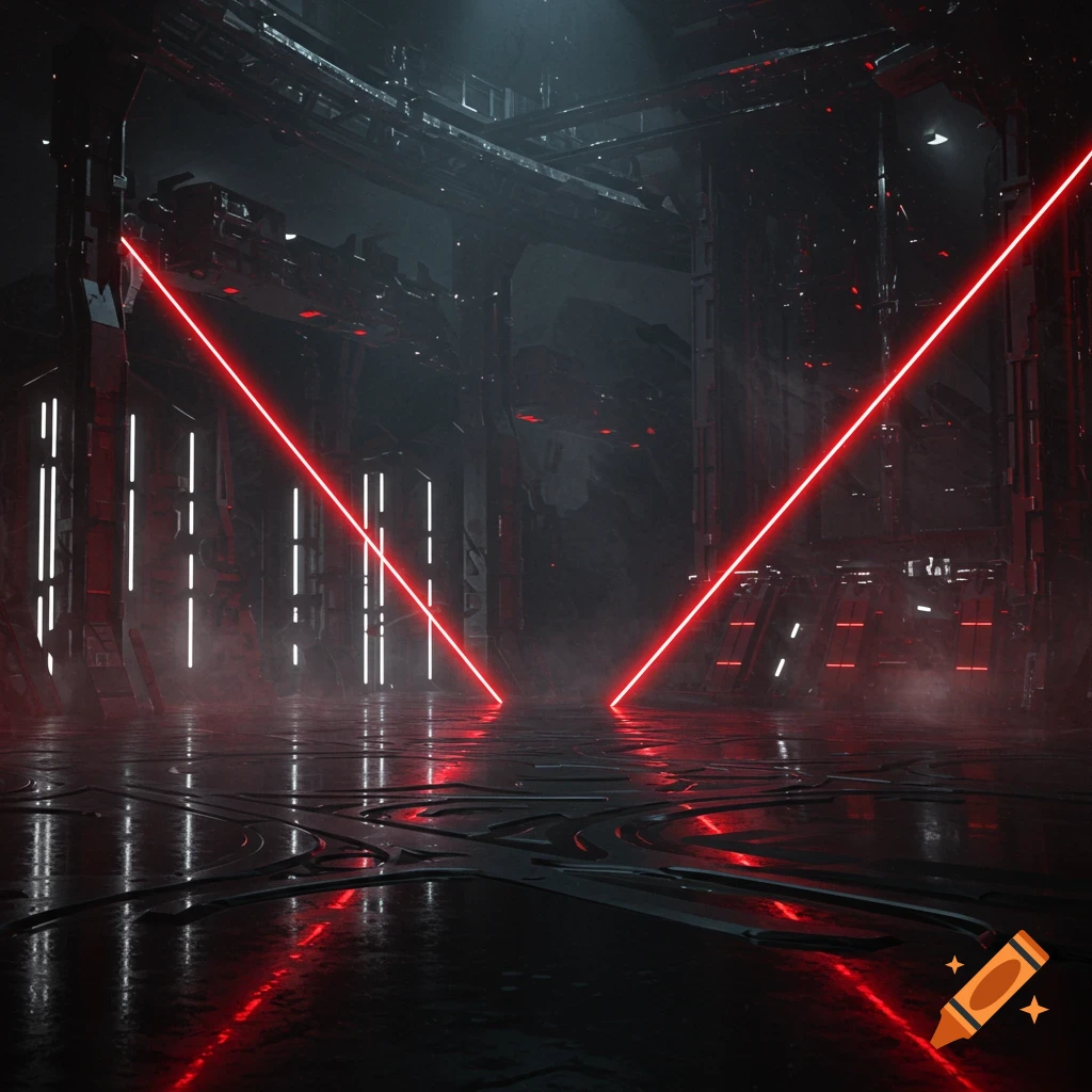 A dark, futuristic industrial corridor with red laser beams crossing ...