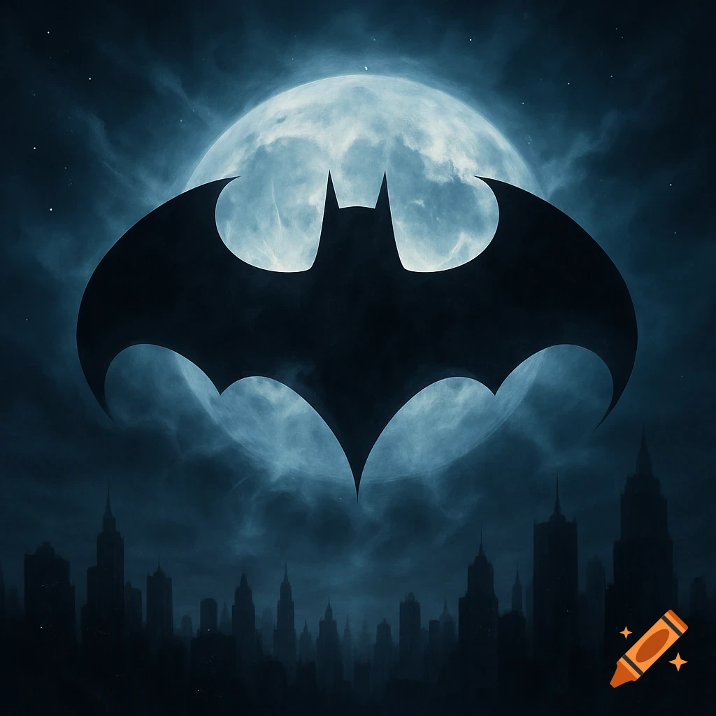 The black silhouette of the Batman logo against a large, glowing full ...