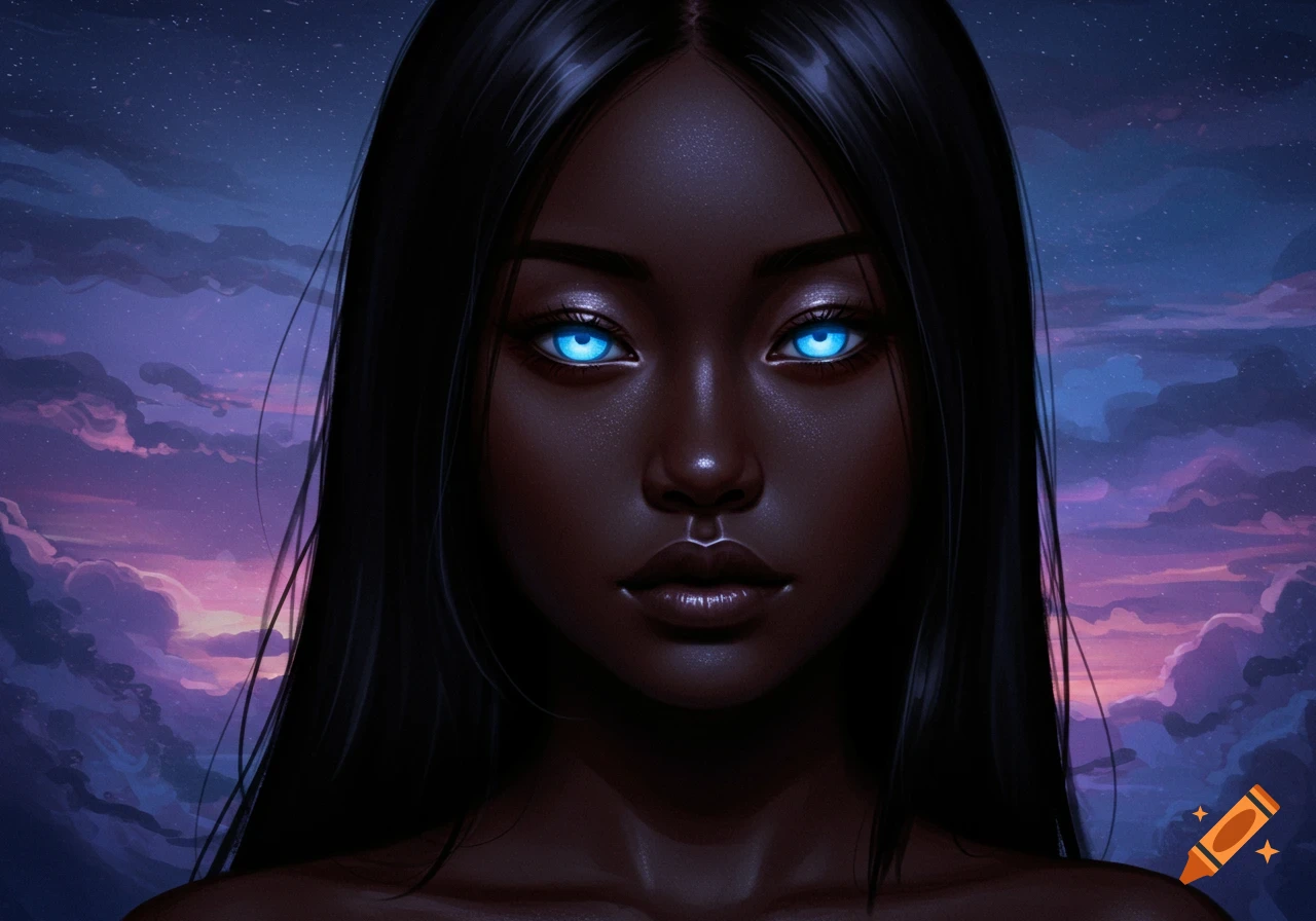 A dark-skinned woman with blue eyes, braided hair, and glowing arm ...
