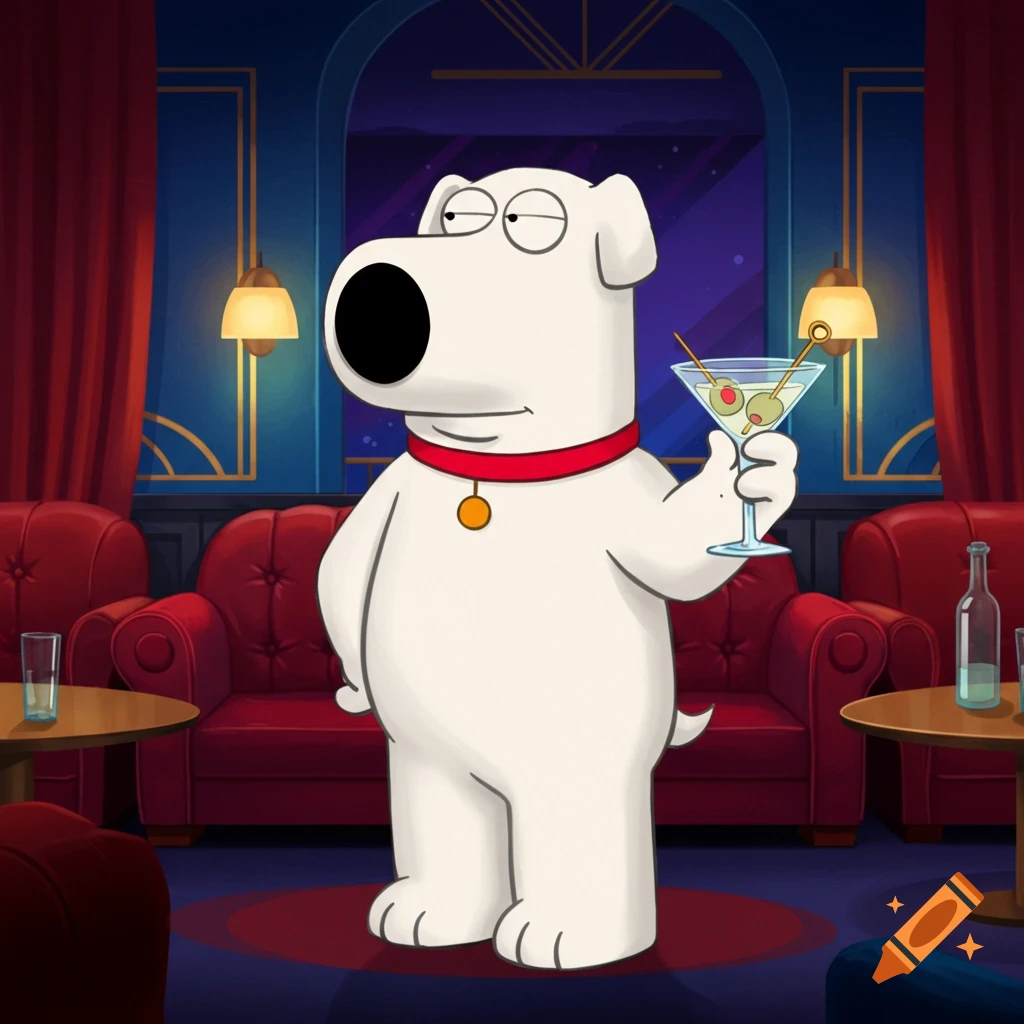Brian, the dog from Family Guy, holding a martini glass in a cartoon ...
