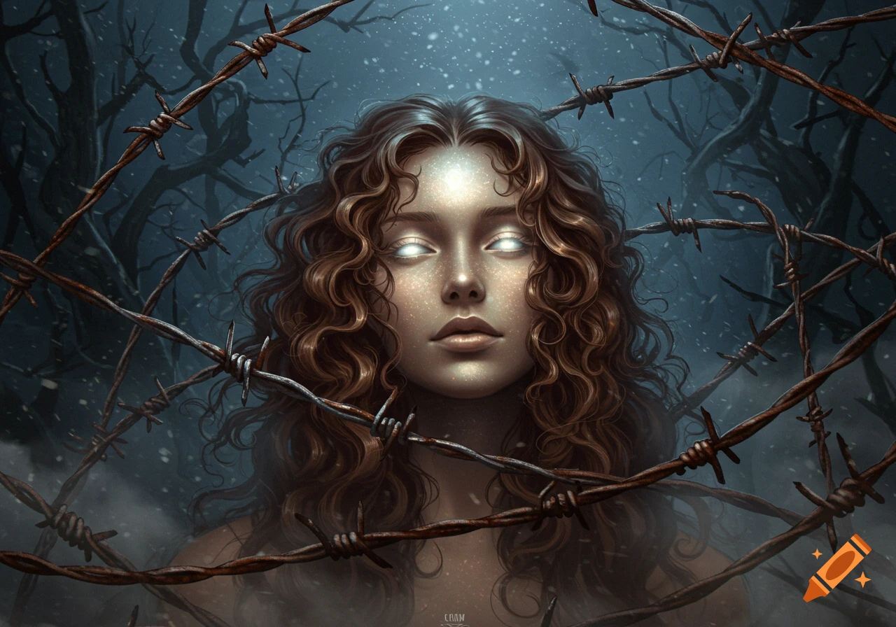 Digital art portrait of a woman with dark hair and a braid, surrounded ...