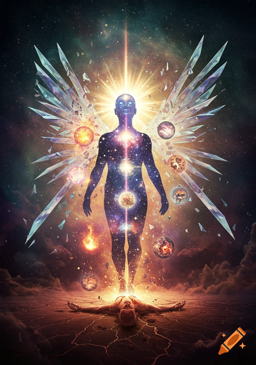 A cosmic silhouette with glowing eyes and crystal wings rises from a ...