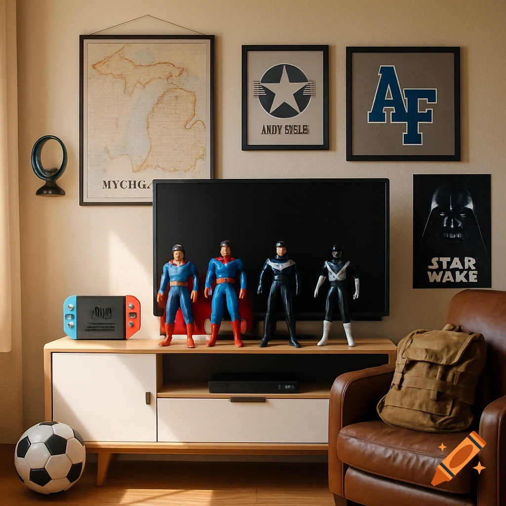 A cozy room with a TV, a Nintendo Switch, and various superhero action ...