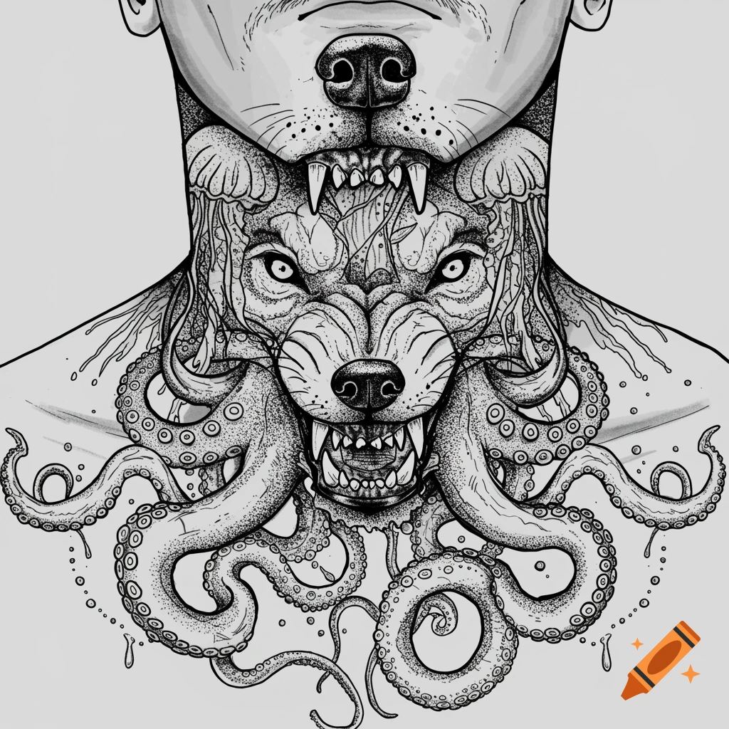 A detailed blackwork illustration of a wolf's lower jaw emerging from a ...