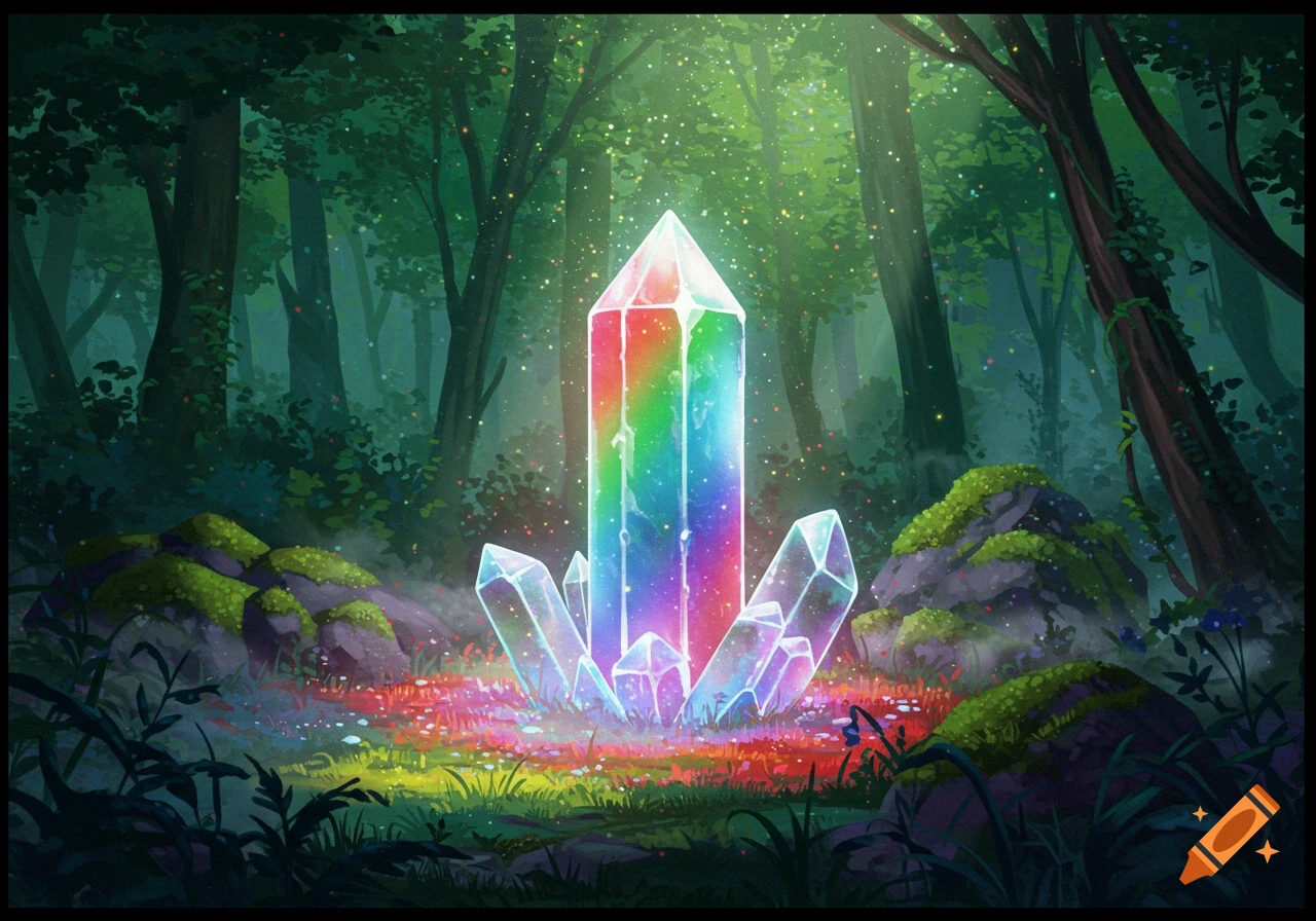A vibrant rainbow-colored crystal glows in the center of a lush ...
