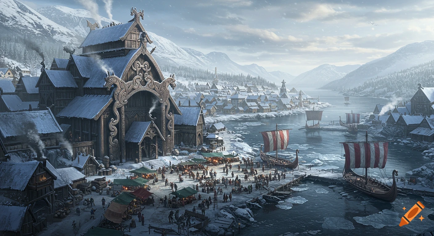 An aerial view of a grand Viking city, Fjordheim, in winter, with snow ...