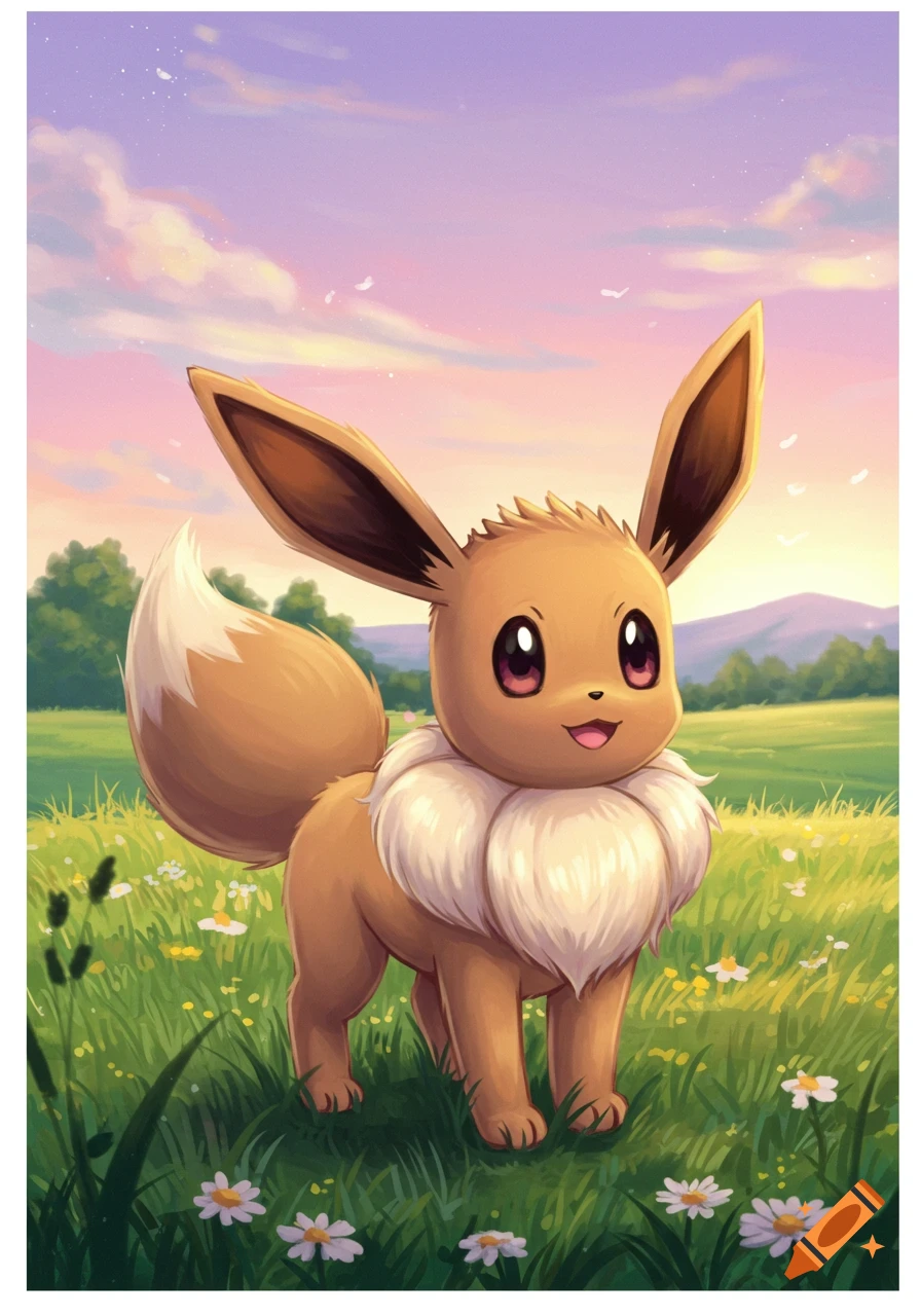Eevee in a grassy field with dandelions under a pastel sunset sky ...