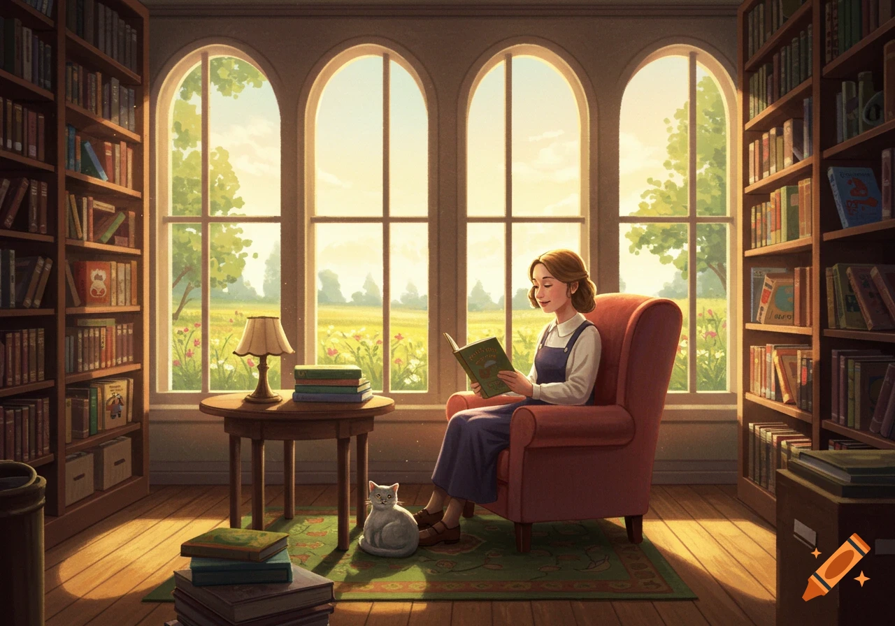 A woman reads a book in a sunlit library with large arched windows ...