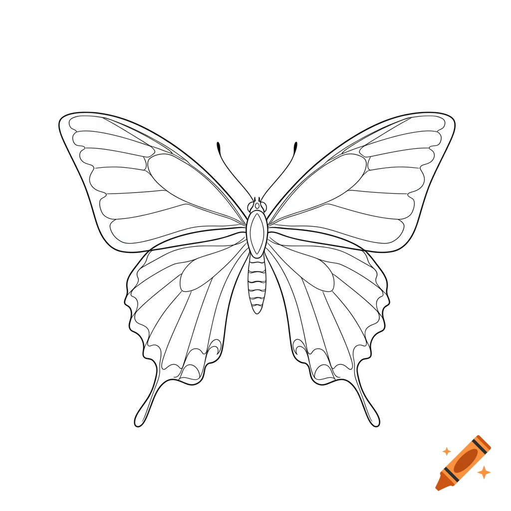 A simple outline drawing of a butterfly facing front. on Craiyon
