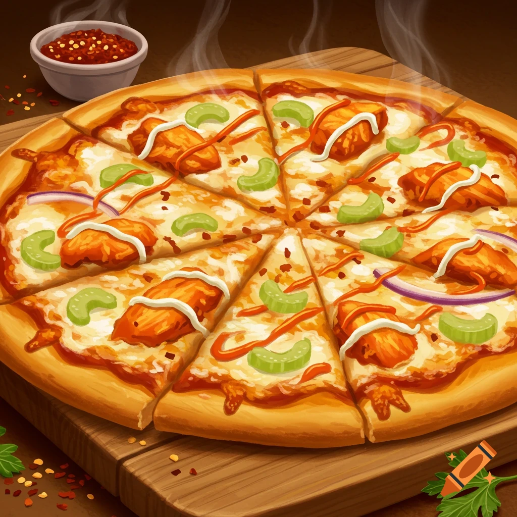 Illustrated buffalo chicken pizza with celery and sauces on a wooden board, cut into slices. on ...