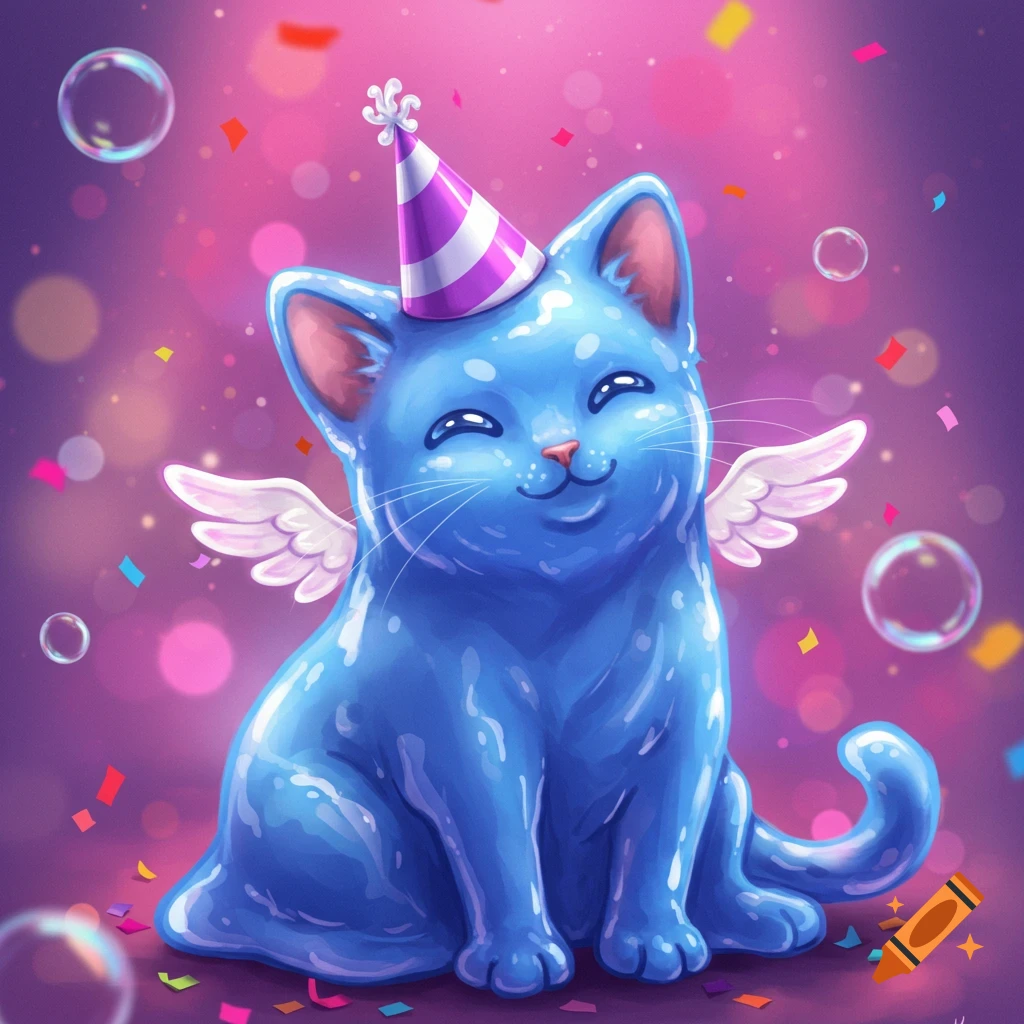 A cute blue slime cat with small white angel wings and a purple and ...