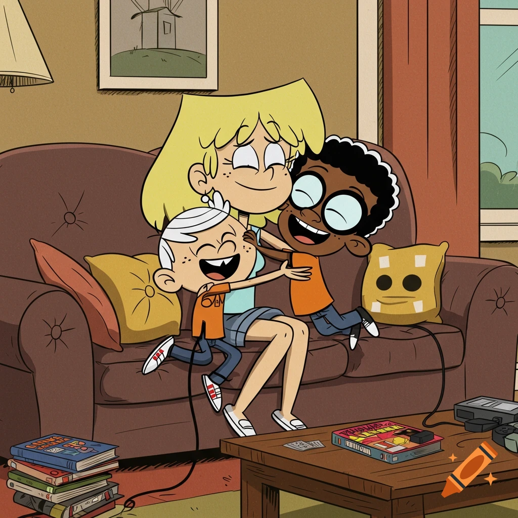 Cartoon image of Lincoln Loud, Clyde McBride, and Lori Loud hugging and laughing on a brown ...