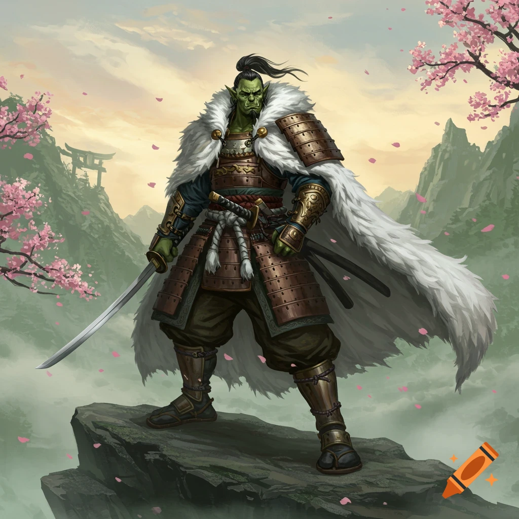 Character design sheet of a bird-headed Tengu creature in red and gold ...