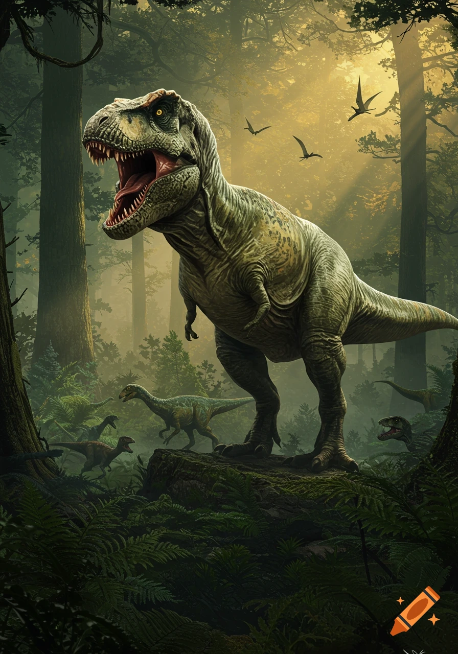 A green cartoon T-Rex roaring in a circular team logo design with ...