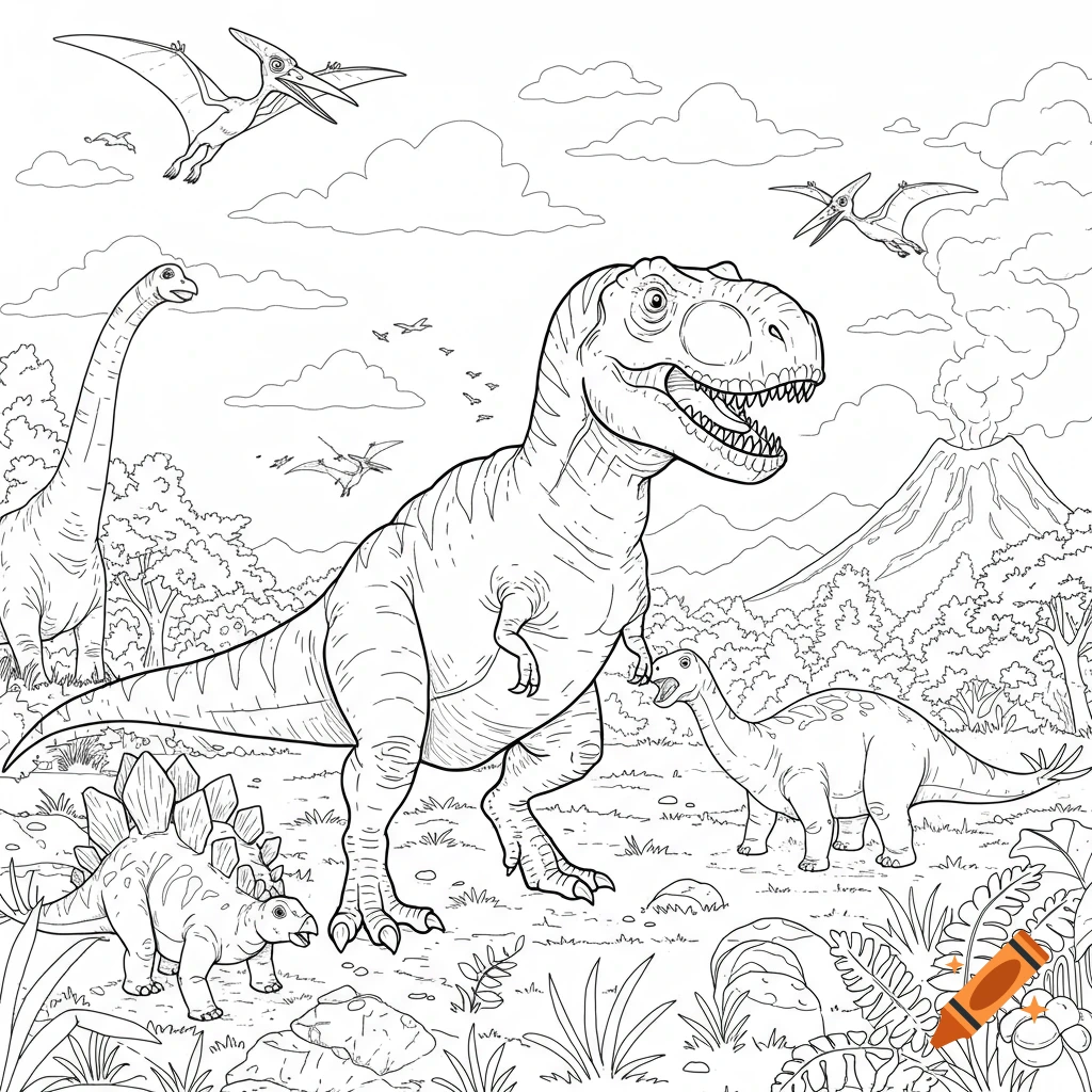 A black and white cartoon line art coloring page depicting various ...