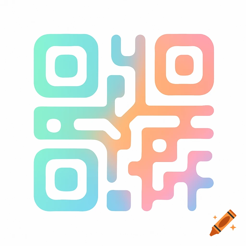 A stylized, colorful QR code logo featuring a gradient of mint, blue ...