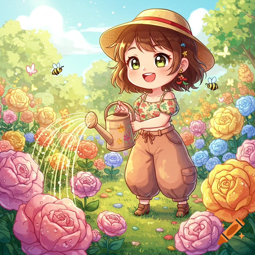 A cheerful anime catboy with green eyes and a straw hat runs through a ...