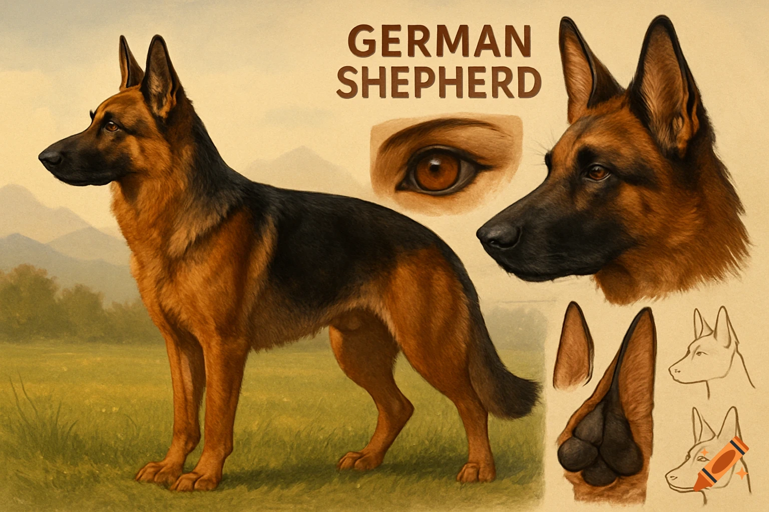 Realistic pencil drawing of a sitting German Shepherd on Craiyon