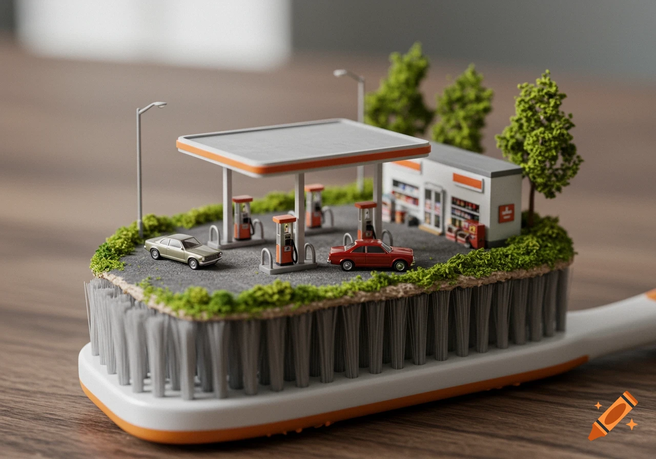 A hyper-detailed miniature gas station diorama built on top of the ...