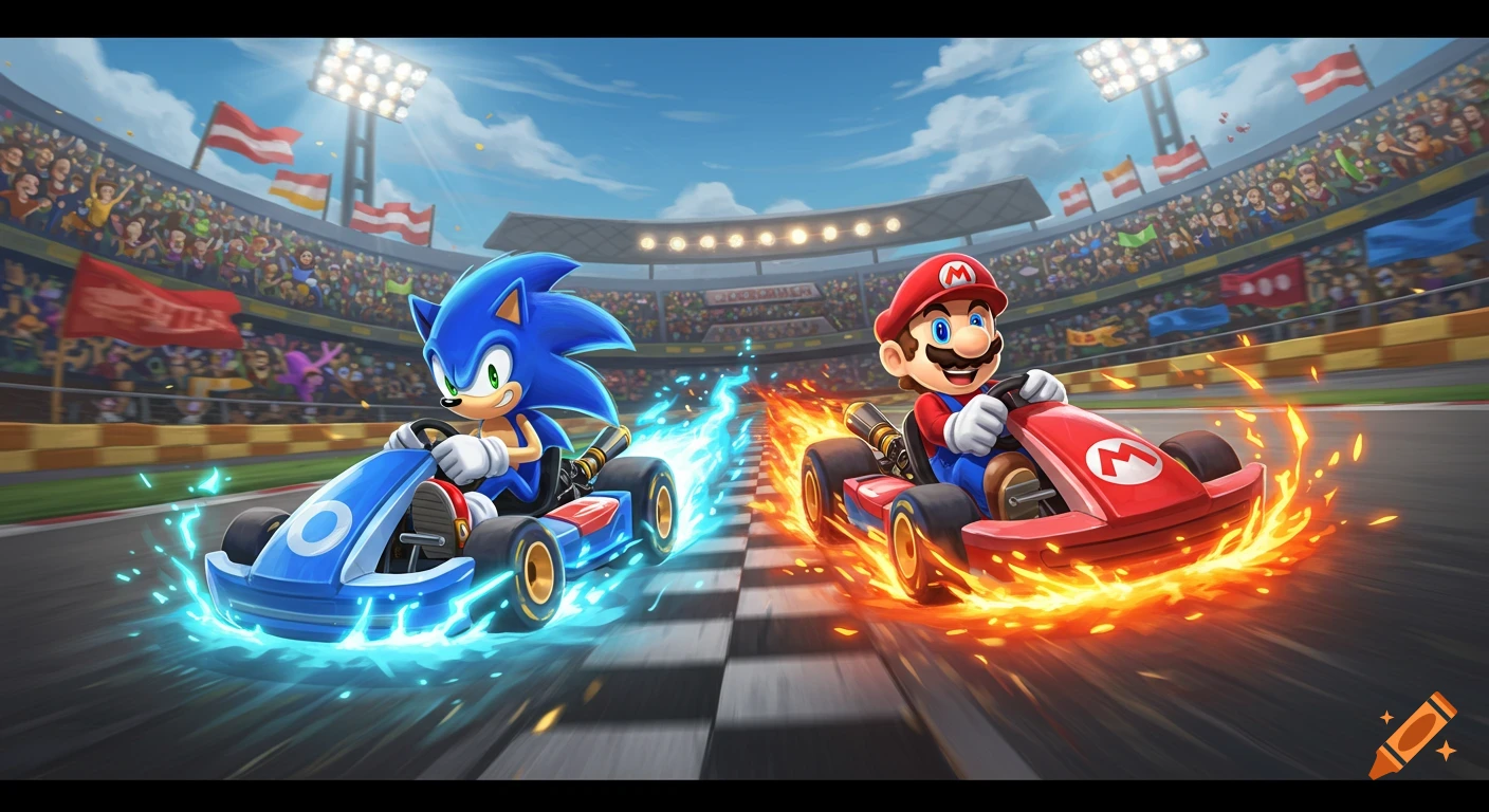 Sonic the Hedgehog runs on a track in a vibrant, crowded stadium with a ...