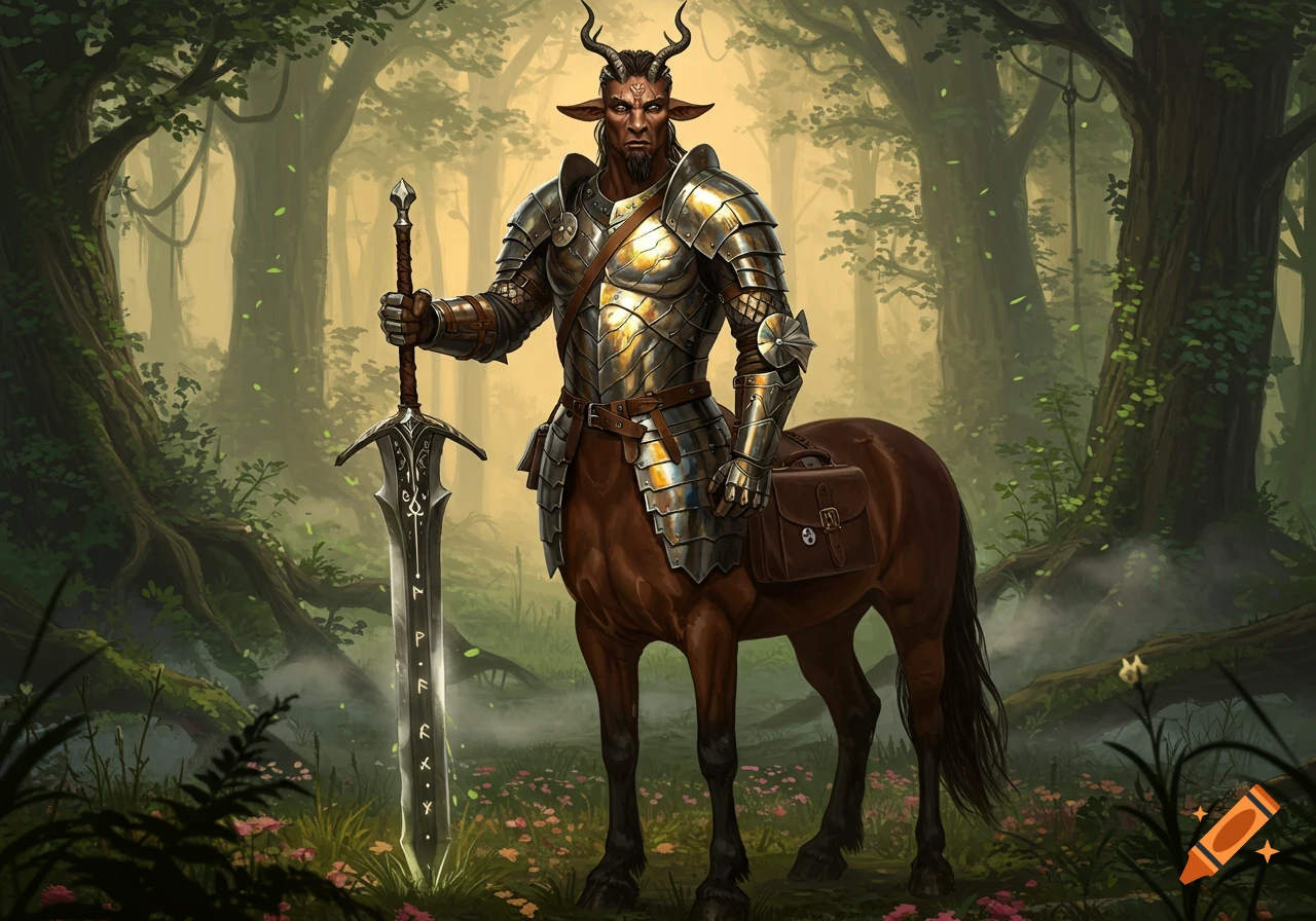 A centaur knight in shining silver armor holds a large, runic ...