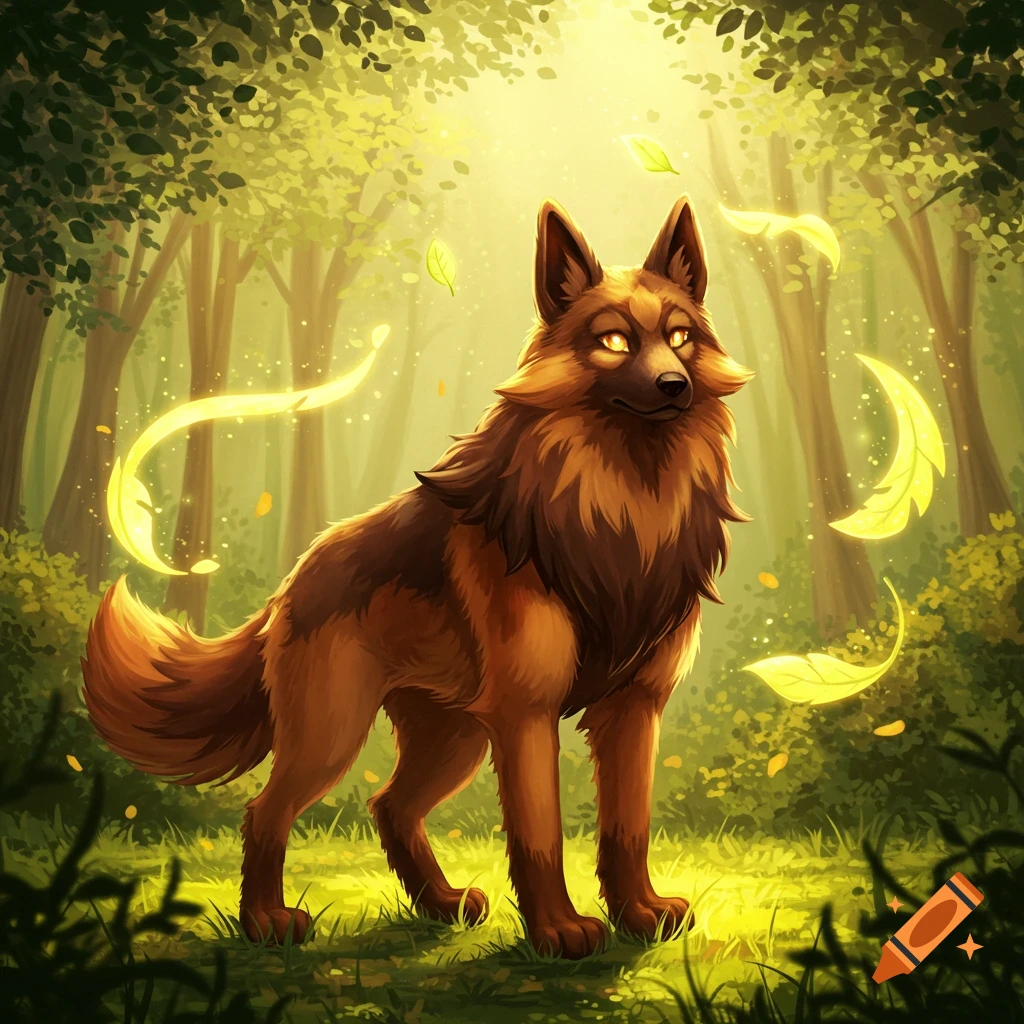 A brown fantasy wolf-like creature with glowing eyes stands in a sunlit forest with glowing ...