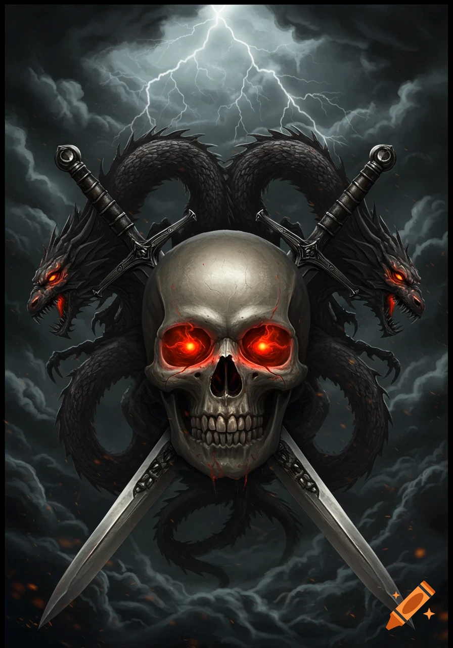 A menacing skull with glowing red eyes, crossed swords, and two fierce ...