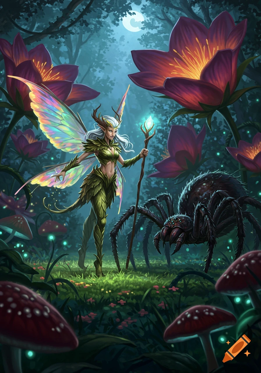 A mischievous black anime fairy with white hair sitting on a large red ...