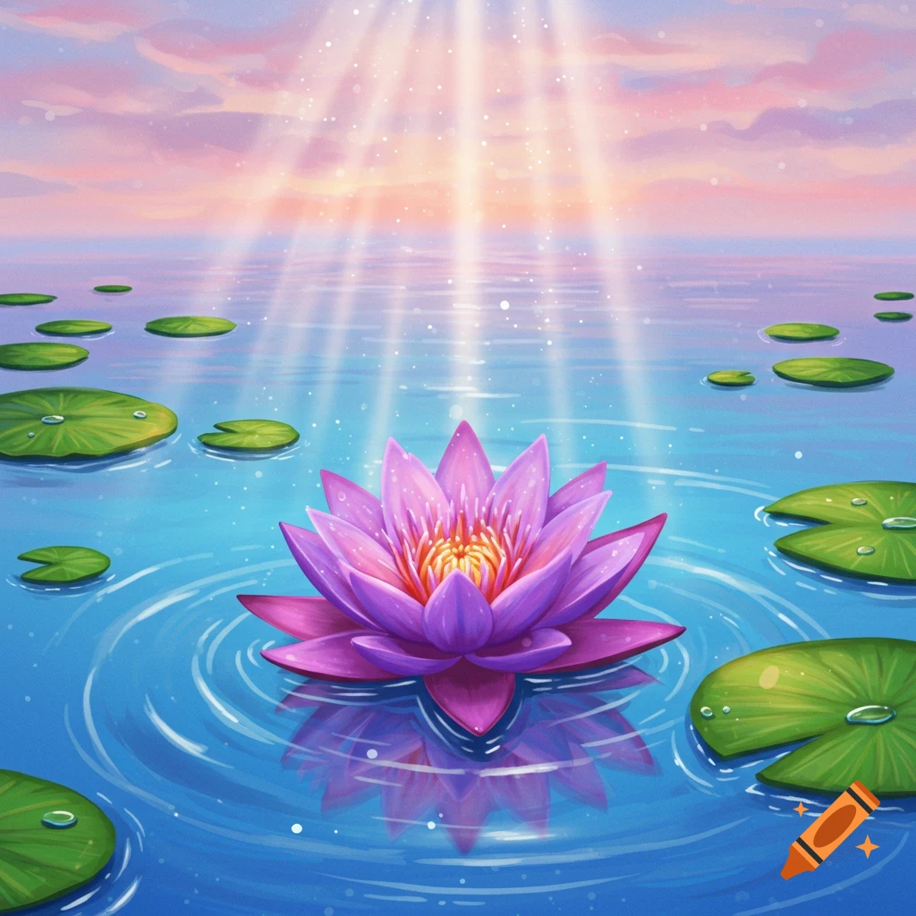 A vibrant, glowing lotus flower with pink, blue, and gold layers floats ...