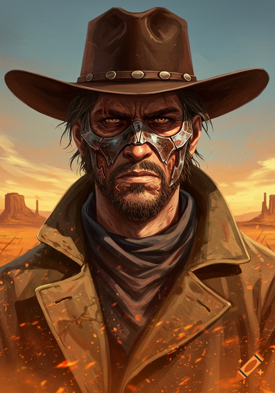 Stylized portrait of a man in a black cowboy hat and grey suit, yelling ...